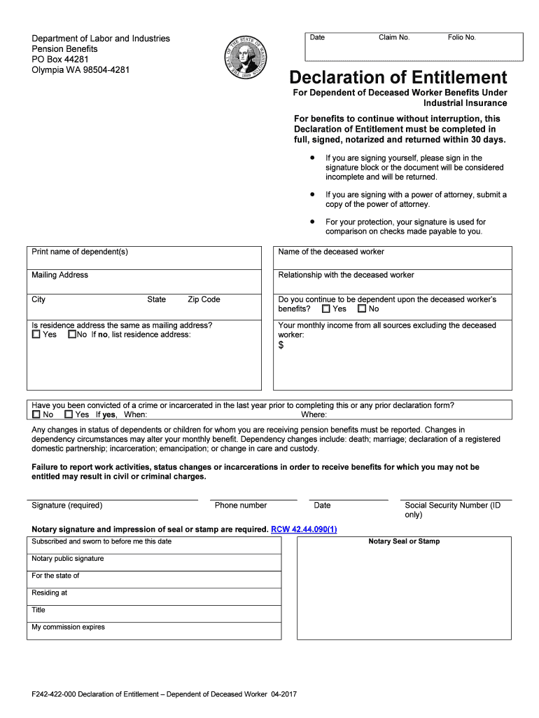 Fillable Online lni wa Declaration of Entitlement - For Dependent of ...