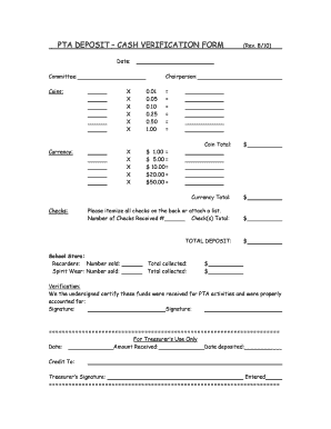 Fillable Online PTA DEPOSIT CASH VERIFICATION FORM - Murdock PTA Fax ...