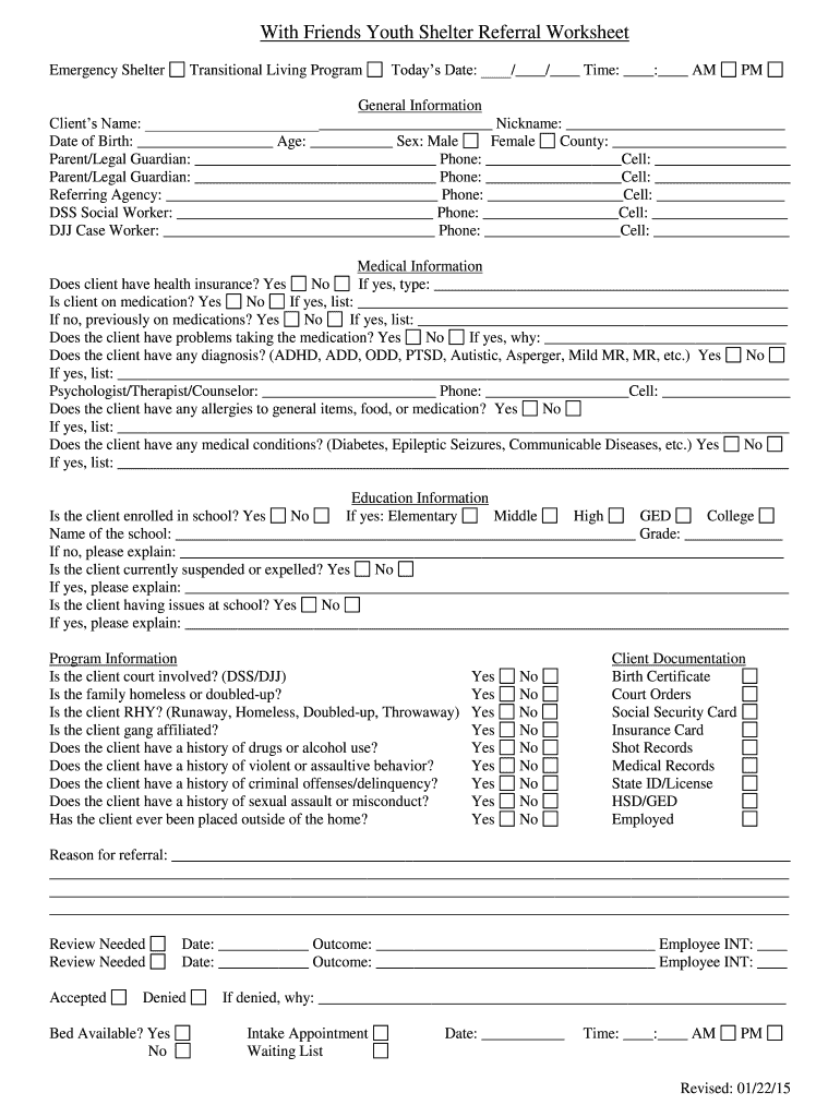 Fillable Online Agency referral worksheet - With Friends Youth Shelter ...