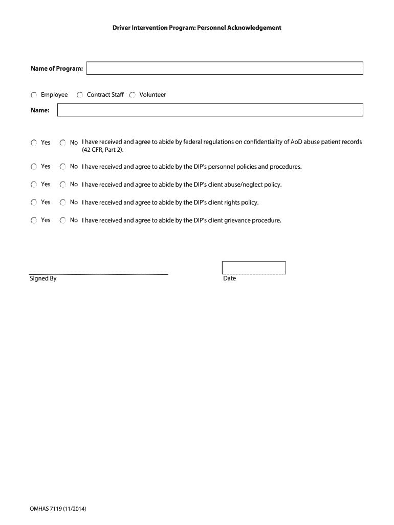 Fillable Online Driver Intervention Program: Personnel Acknowledgement ...