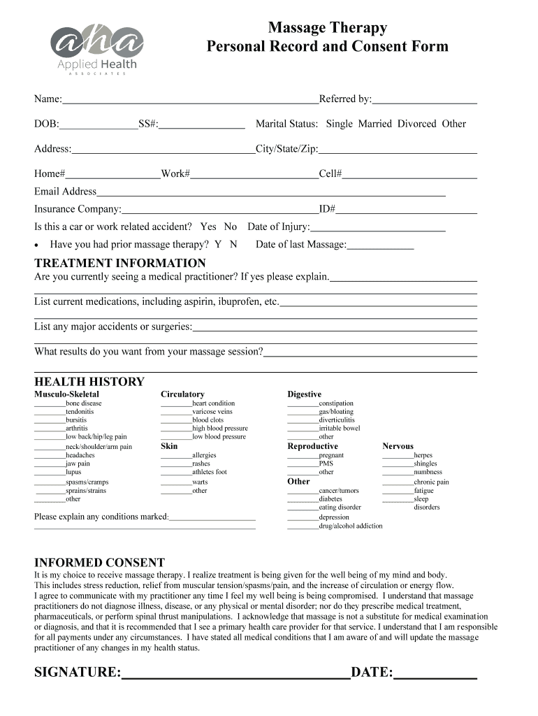 Fillable Online Massage Therapy Personal Record and Consent Form Fax Email Print - pdfFiller