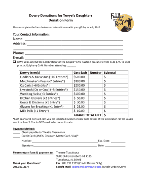 Fillable Online Dowry Donations for Tevyes Daughters Donation Form Fax ...