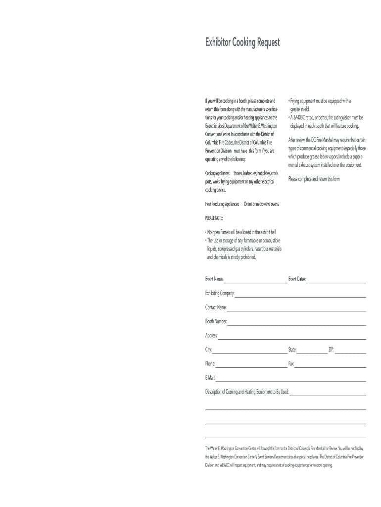 Fillable Online Exhibitor Cooking Request - BBExpo Fax Email Print ...