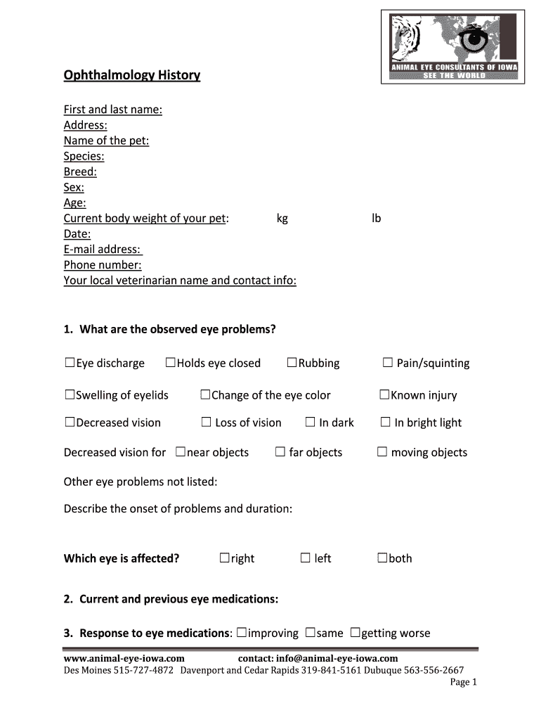 Fillable Online Ophthalmology History - bAnimalb bEyeb Consultants of bIowab Fax Email Print ...