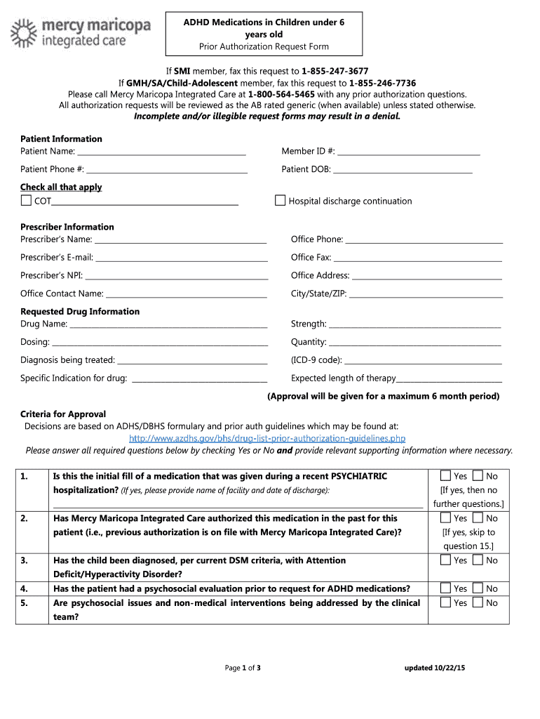 Fillable Online ADHD Agents - Child Under 6 - Mercy Maricopa Integrated ...