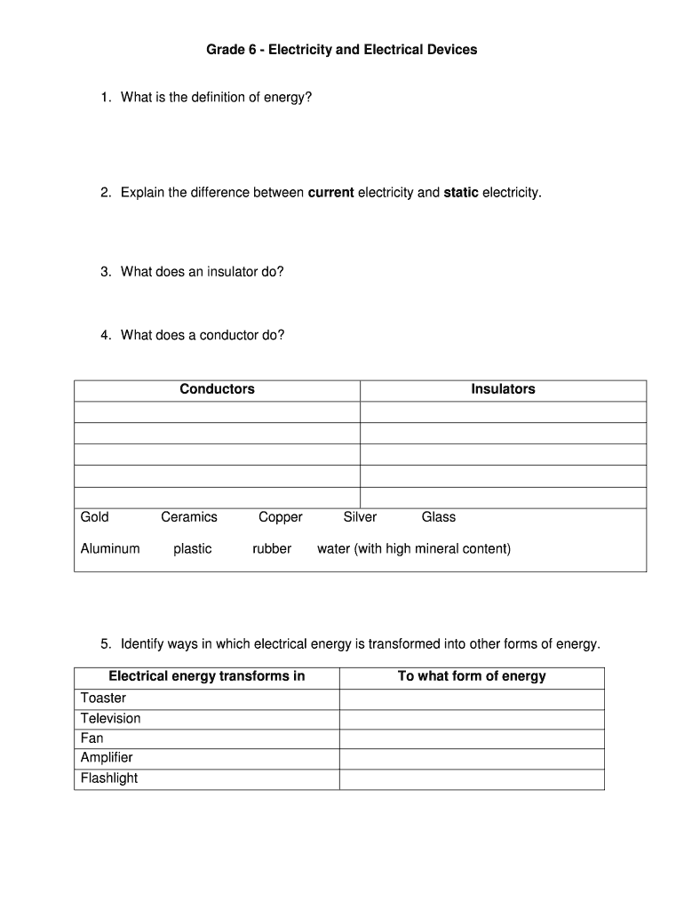 Fillable Online Grade 6 - Electricity and Electrical Devices Fax Email ...