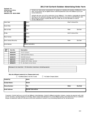 Fillable Online 2012 Fall Carhartt Outdoor Advertising Order Form Fax ...