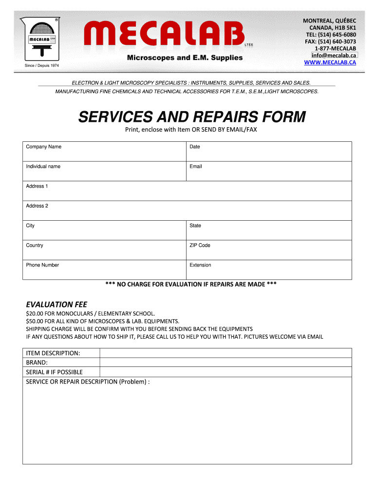 Fillable Online mecalab SERVICES AND REPAIRS FORM - bMECALABb Fax Email ...