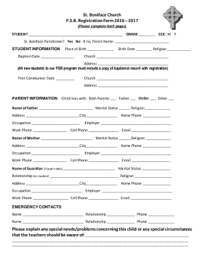 Fillable Online St. Boniface Church P.S.R. Registration Form 2016 2017 Please ... Fax Email ...