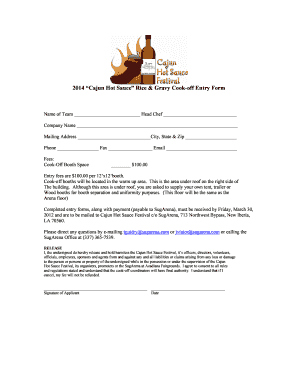 Fillable Online 2014 Cajun Hot Sauce Rice amp Gravy Cook-off Entry Form ...