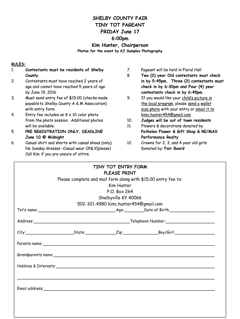 Fillable Online SHELBY COUNTY FAIR TINY TOT PAGEANT FRIDAY June 17 6 ...