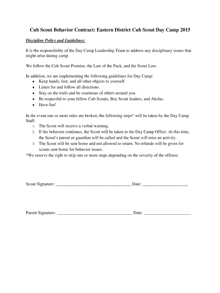 Fillable Online Cub Scout Behavior Contract: Eastern District Cub ...