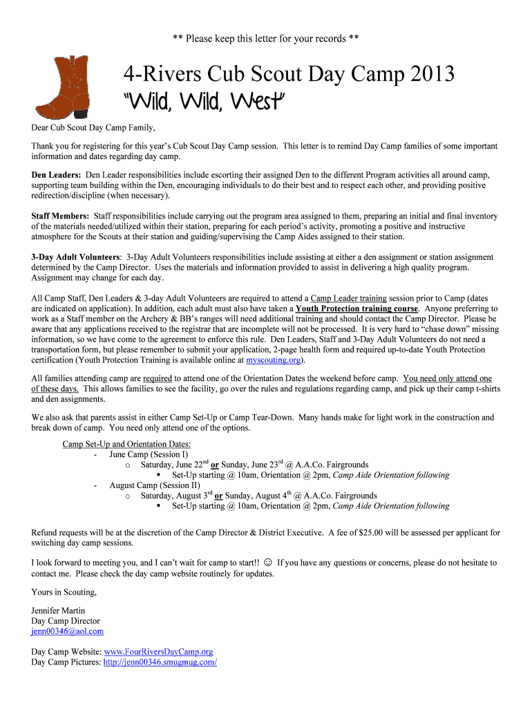 Fillable Online fourriversdaycamp ** Please keep this letter for your ...