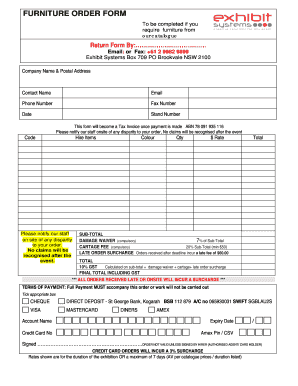 Fillable Online FURNITURE ORDER FORM - bexhibitsystemsbbcombau Fax ...
