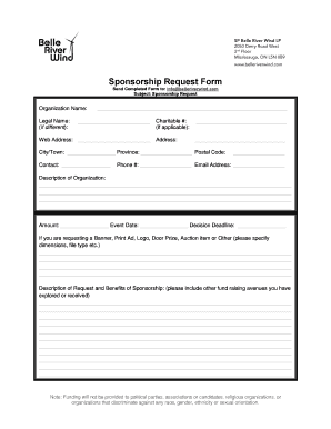 Fillable Online Sponsorship Request Form - bbelleriverwindbbcomb Fax ...