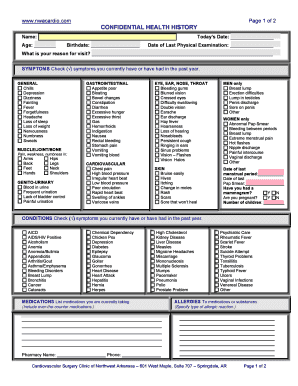 Fillable Online Your Health History Form - Cardiovascular Surgical ...