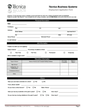 Fillable Online Employment Application Form - T cnica Systems Fax Email ...
