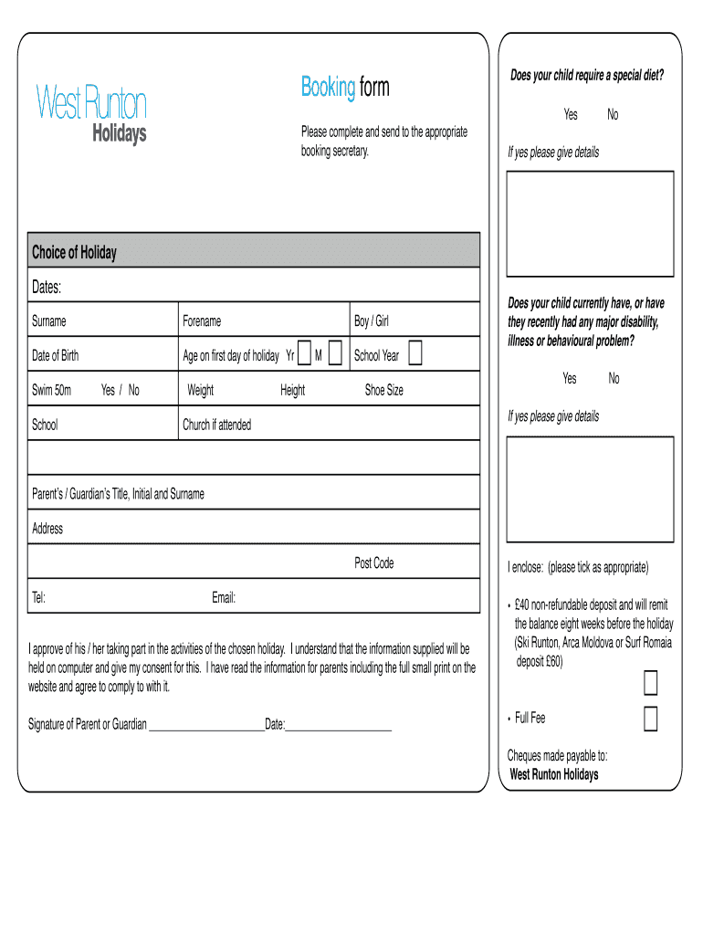 Fillable Online westrunton org Booking form Does your child require a ...