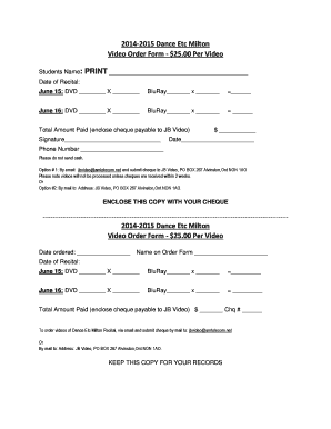 Fillable Online danceetcmilton 2014-2015 Dance Etc Milton Video Order ...