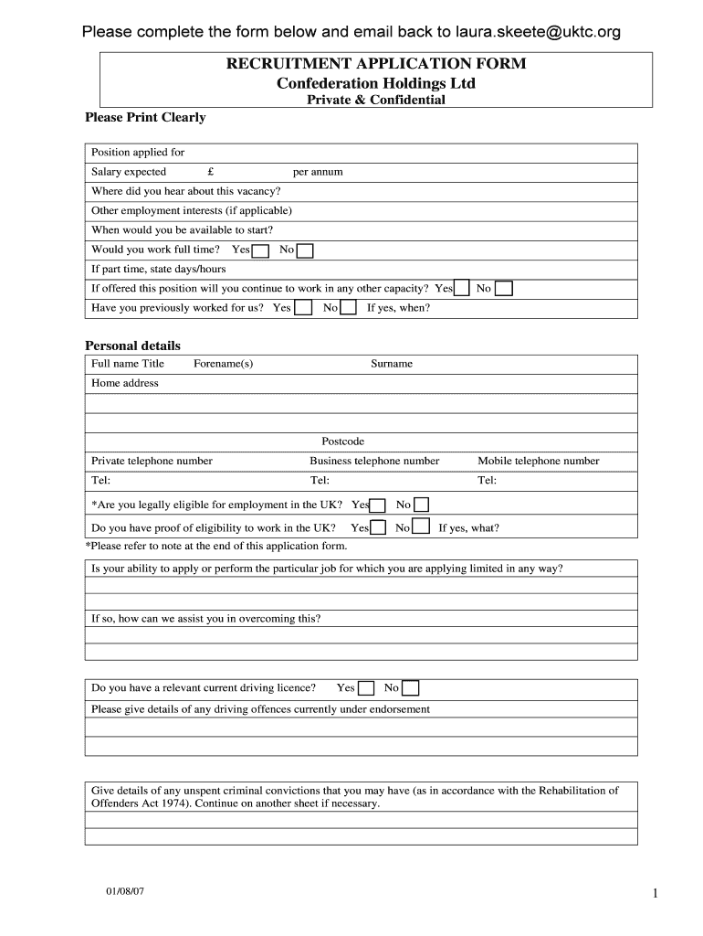 Fillable Online RECRUITMENT APPLICATION FORM Confederation Holdings Ltd ...