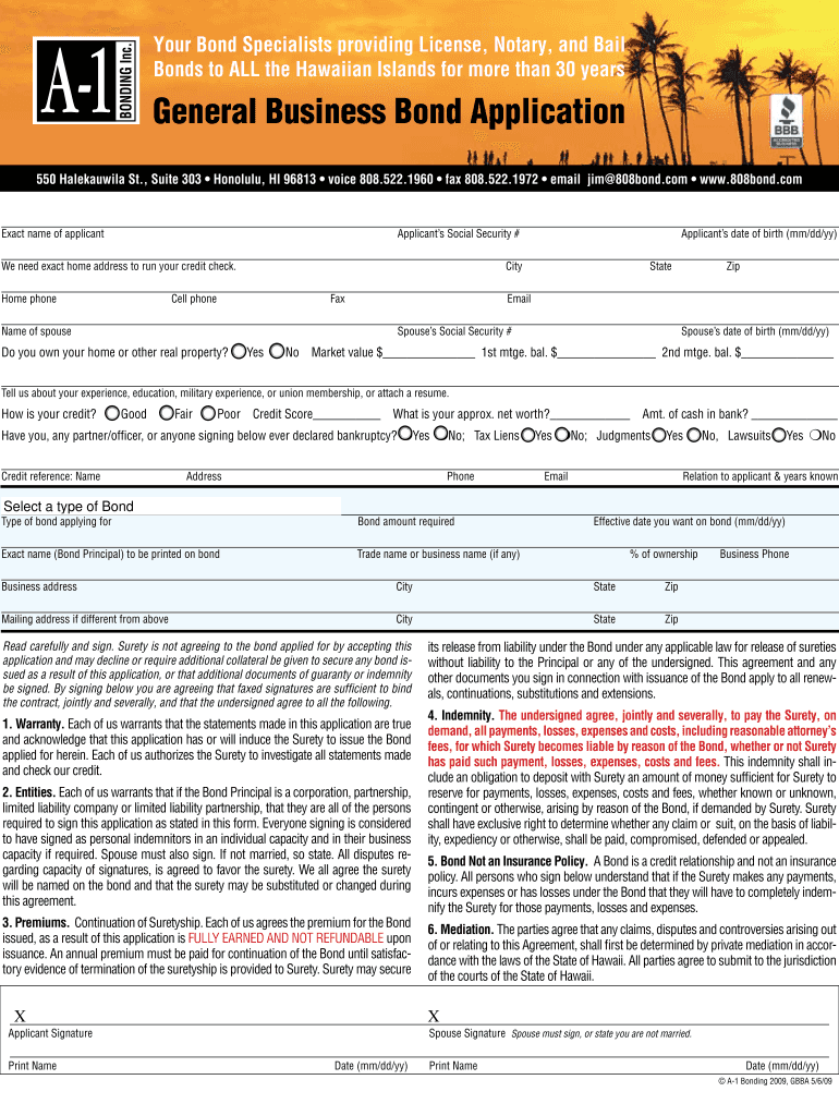 Fillable Online General Business Bond Application - A-1 Bonding Fax Email Print - pdfFiller