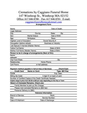 Fillable Online Arrangement Form - Caggiano Funeral Home Fax Email ...
