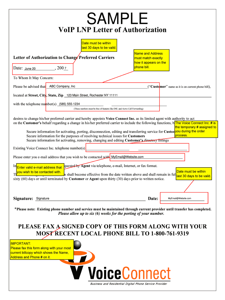 Fillable Online VoIP LNP Letter of Authorization - bclaritytelbbcomb Fax Email Print - pdfFiller