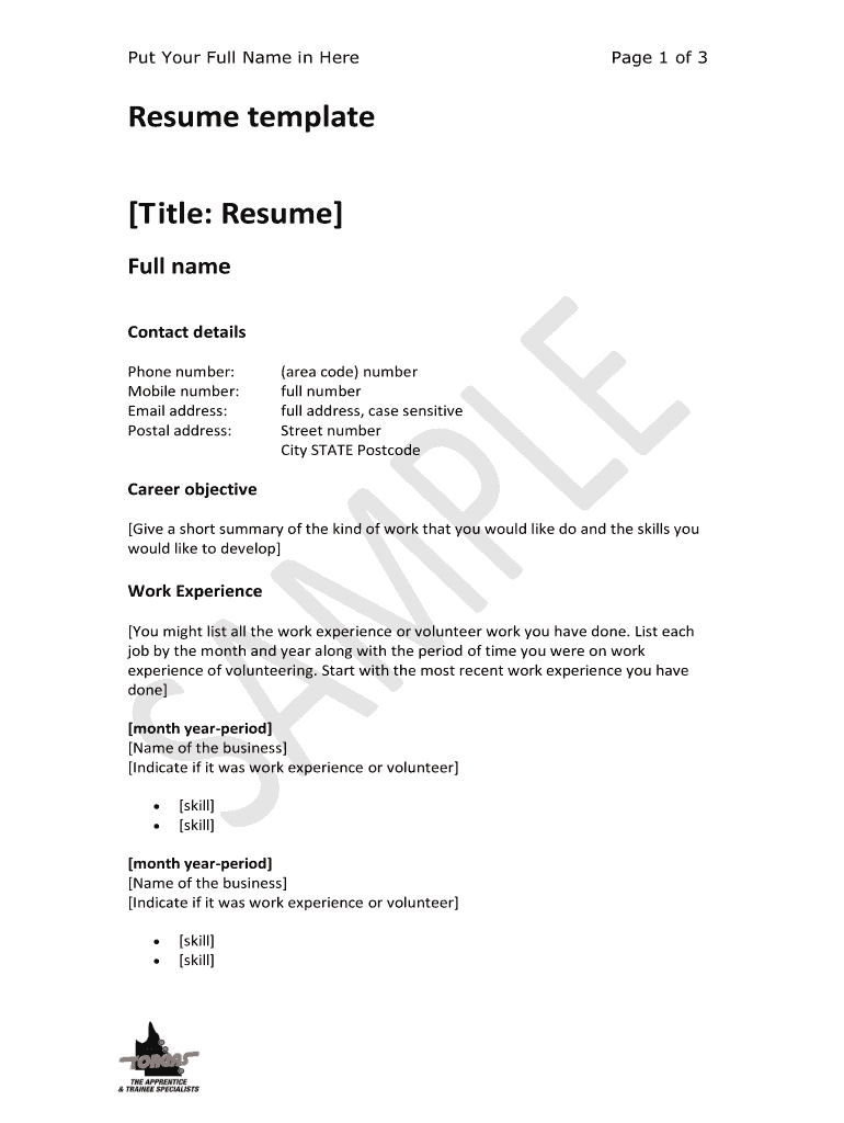 Fillable Online Resume template Title Resume - btorgasbbcombau Fax Email Print - pdfFiller