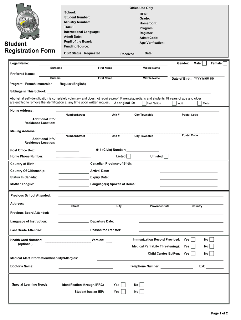 Fillable Online firstave limestone on Student Registration Formv4 p1 ...