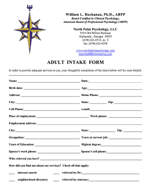 Fillable Online ADULT INTAKE FORM - North Point Psychology LLC Fax ...