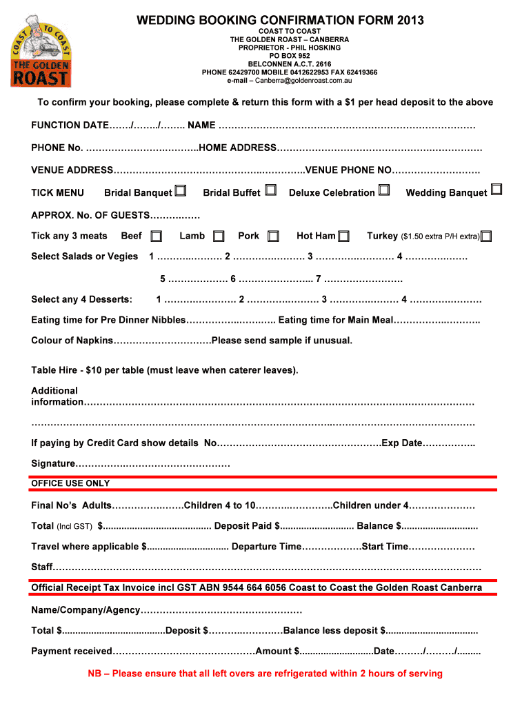 Fillable Online WEDDING BOOKING CONFIRMATION FORM 2011 Fax Email Print ...