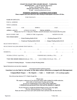 Fillable Online WEDDING BOOKING CONFIRMATION FORM - Golden Roast Fax ...