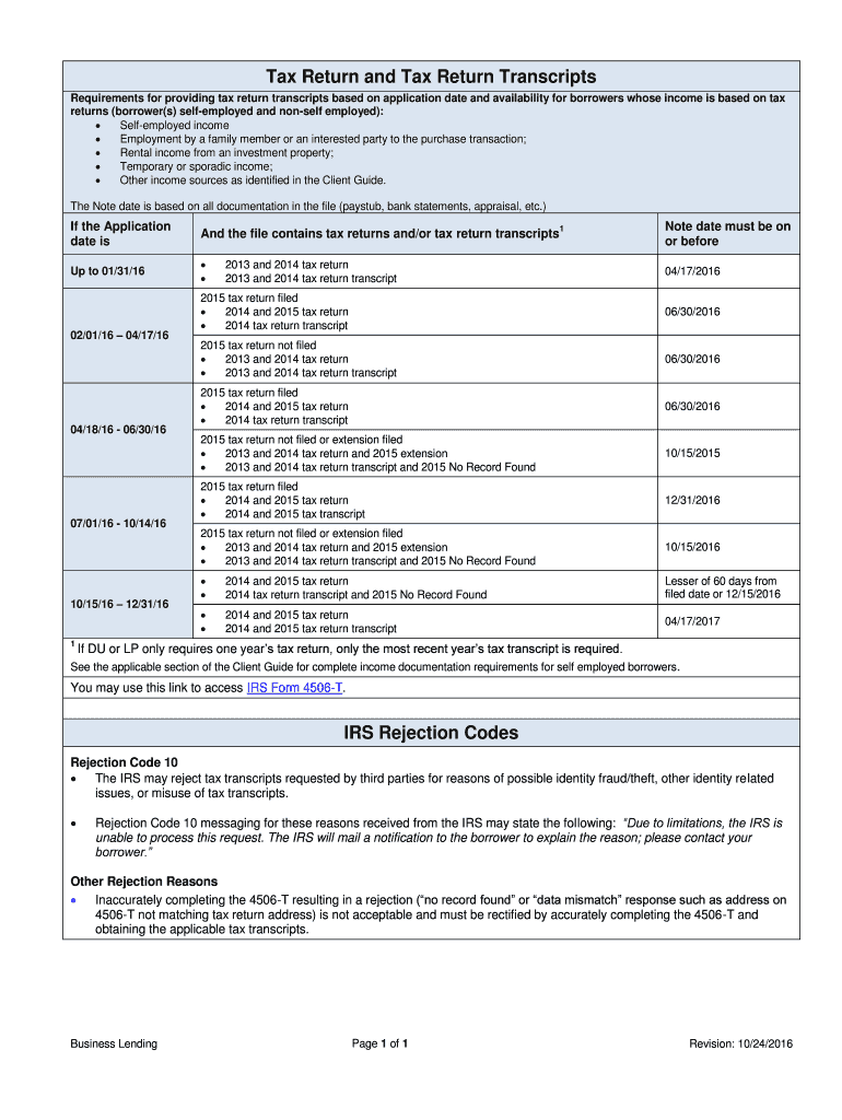 Fillable Online Requirements for providing tax return transcripts based on application date and ...