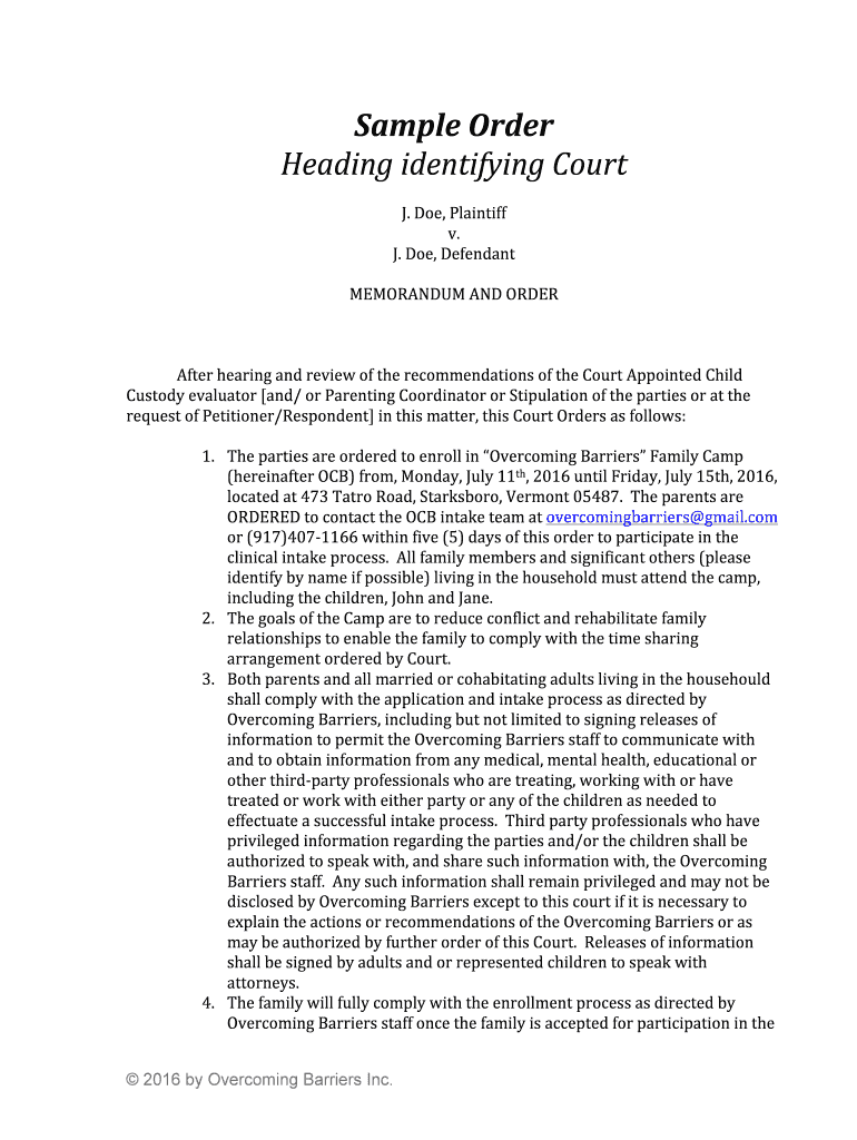 Fillable Online overcomingbarriers 2016 Sample Court Order to Attend ...