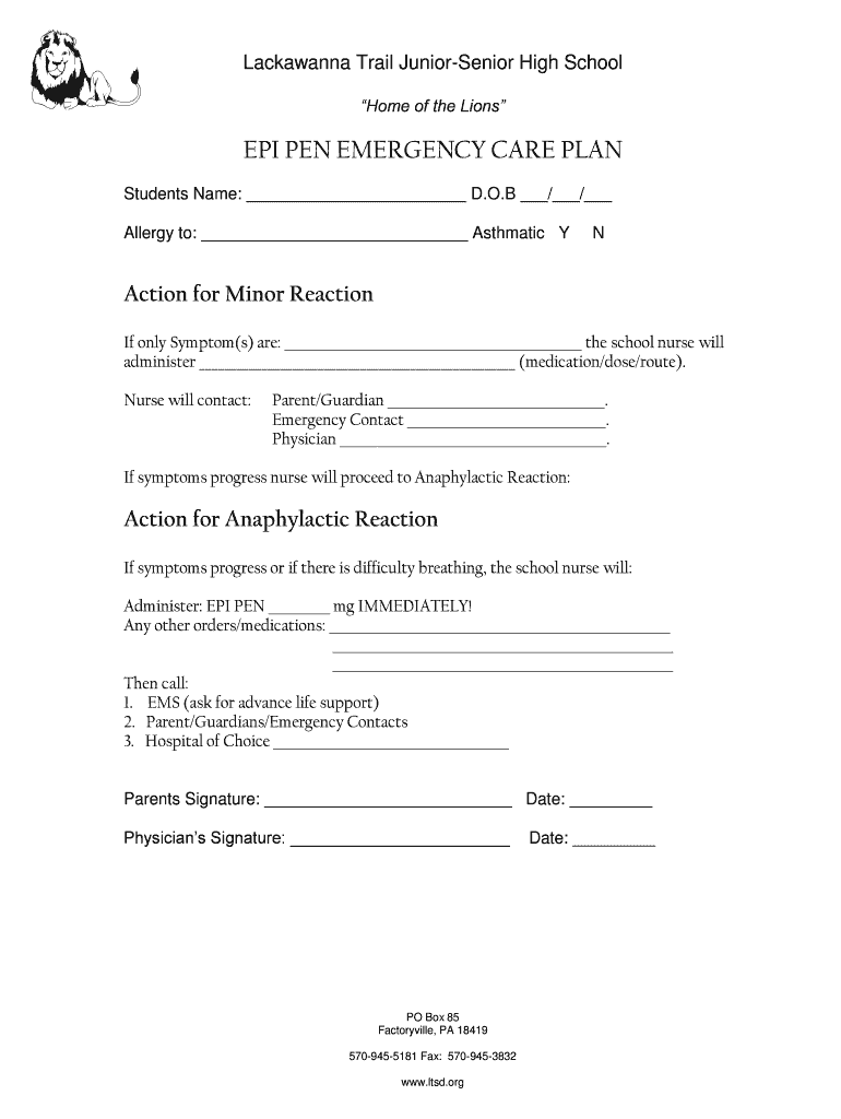 Fillable Online 2013 EPI-PEN EPIPEN emergency care plan 2013 EPI-PEN ...