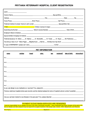 Fillable Online PRYTANIA VETERINARY HOSPITAL CLIENT REGISTRATION Fax ...
