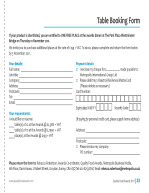 Fillable Online static packagingnews co Table Booking Form ...