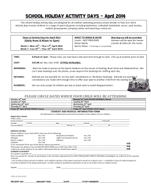 Fillable Online SCHOOL HOLIDAY ACTIVITY DAYS April 2014 The school holiday activity days are ...