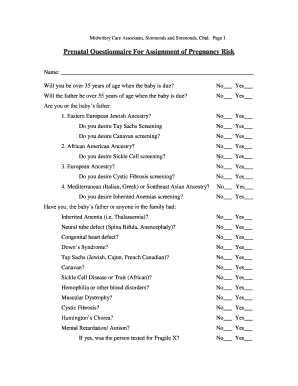 Fillable Online Prenatal Questionnaire For Assignment of Pregnancy Risk ...