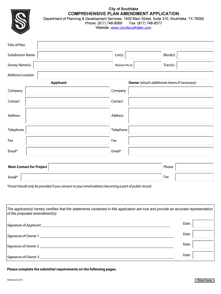 Fillable Online Comprehensive plan amendment bapplicationb - Southlake ...