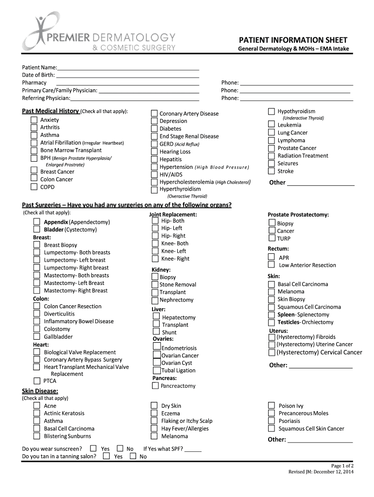Fillable Online PATIENT INFORMATION SHEET - Premier Dermatology Fax ...