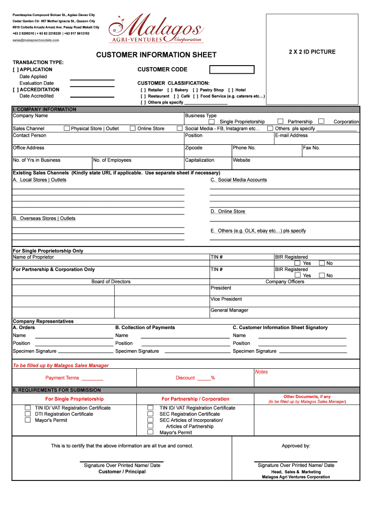 Fillable Online CUSTOMER INFORMATION SHEET 2 X 2 ID PICTURE Fax Email ...