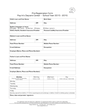 Fillable Online pop-ins Pre-Registration Form bPopb Ins Daycare Center ...