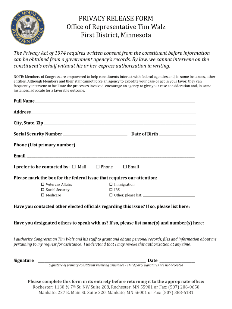 Fillable Online Privacy Release Form - Honorable Tim bWalzb Fax Email Print - pdfFiller