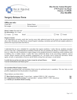 Fillable Online Surgery Release Form - Blue Ravine Animal Hospital Fax Email Print - pdfFiller
