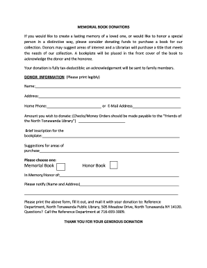 Fillable Online ntlibrary Memorial Book Donation form - North Tonawanda ...