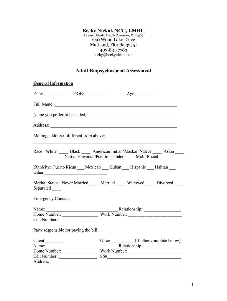 Fillable Online Adult Biopsychosocial Assessment - Door to Self Discovery Fax Email Print ...