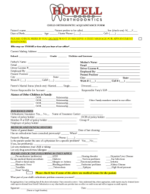 Fillable Online CHILD ORTHODONTIC ACQUAINTANCE FORM Fax Email Print - pdfFiller