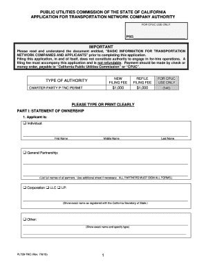 Fillable Online cpuc ca APPLICATION FOR TRANSPORTATION NETWORK COMPANY ...