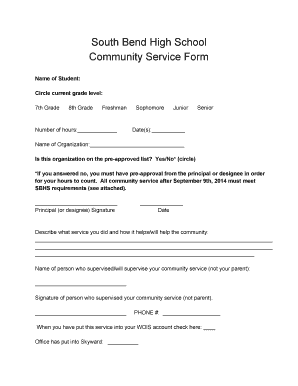 Fillable Online South Bend High School Community Service Form Fax Email ...